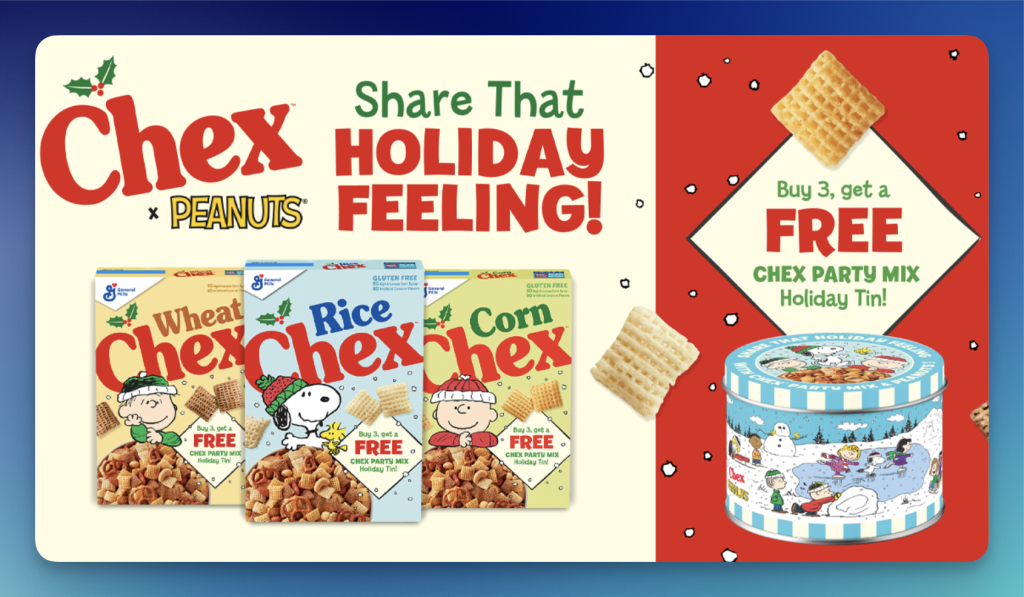Get a Free Chex x Peanuts Holiday Tin with Your Purchase | FreebieShark.com